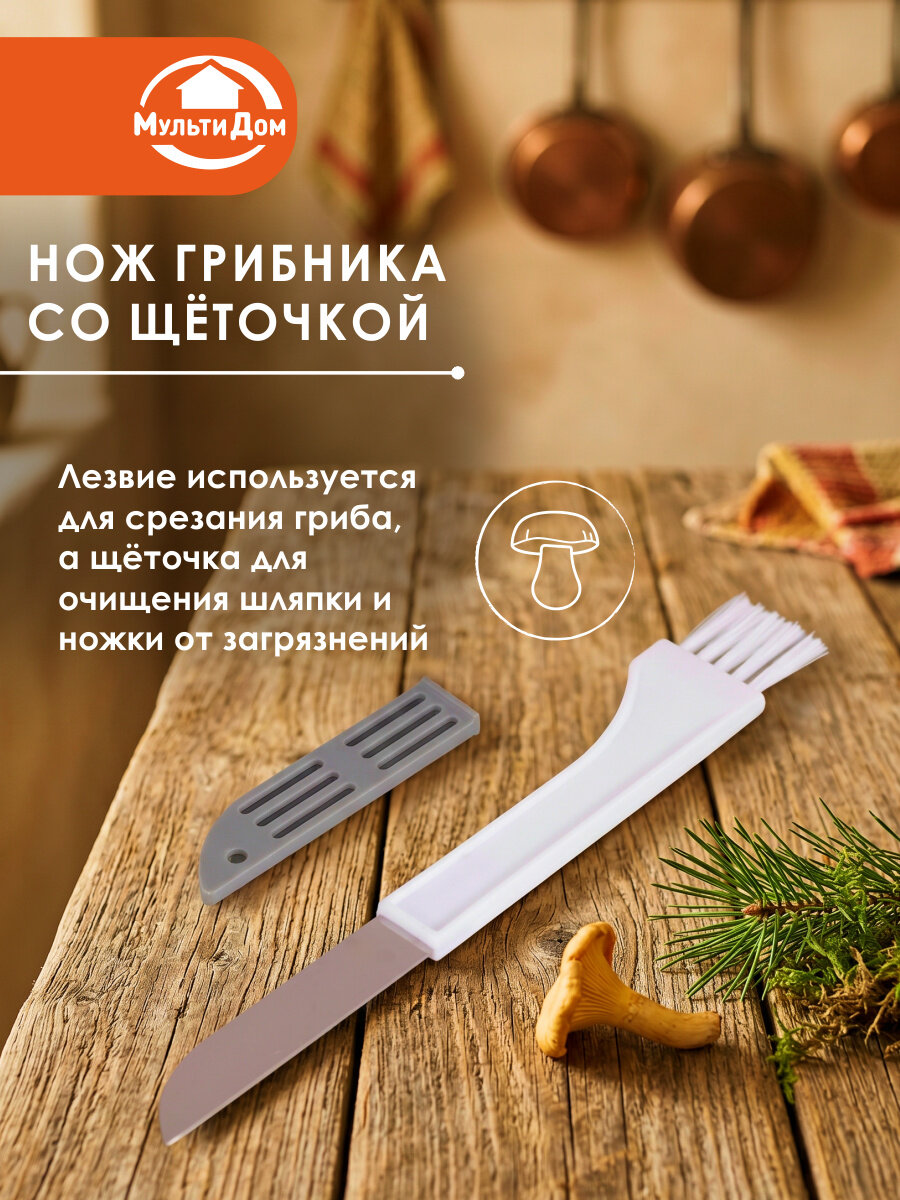 Нож грибника , нержавеющая сталь, с чехлом и щеточкой, серебристый, белый