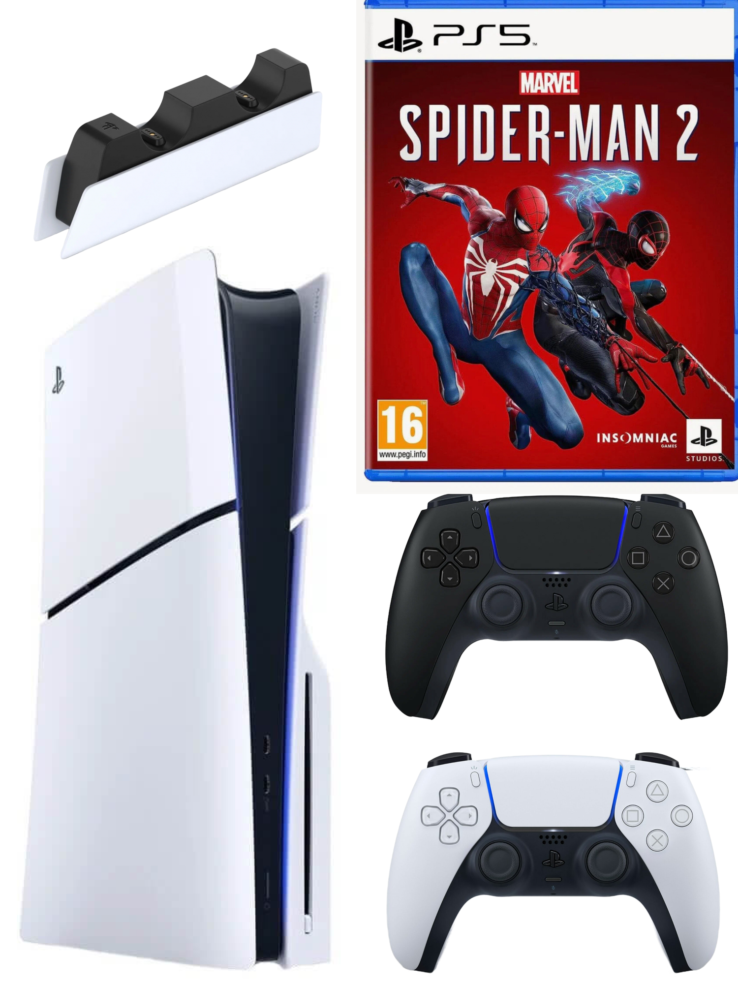 Игровая приставка Sony PS 5 Slim, 1ТБ(с дисководом)+2 геймпад(black)+Зарядная станция+Marvel Spider Man 2