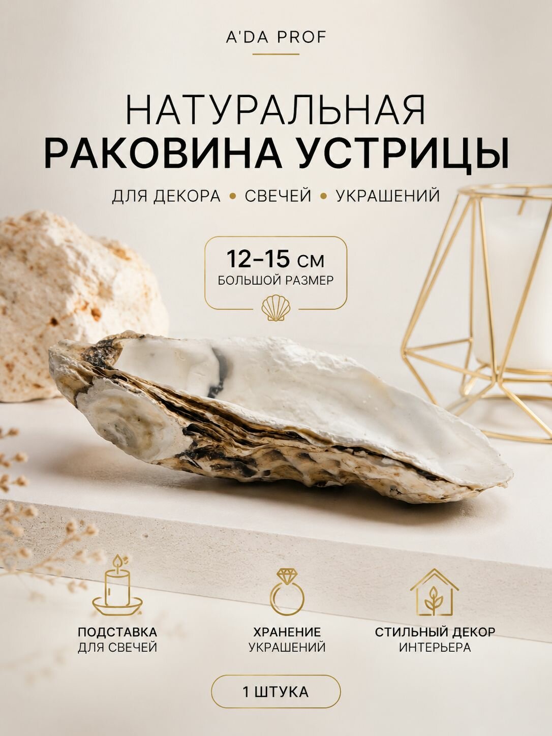 Ракушка устрицы натуральная большая 12-15 см 1 шт, раковина морская для декора интерьера и творчества, подставка для украшений свечей