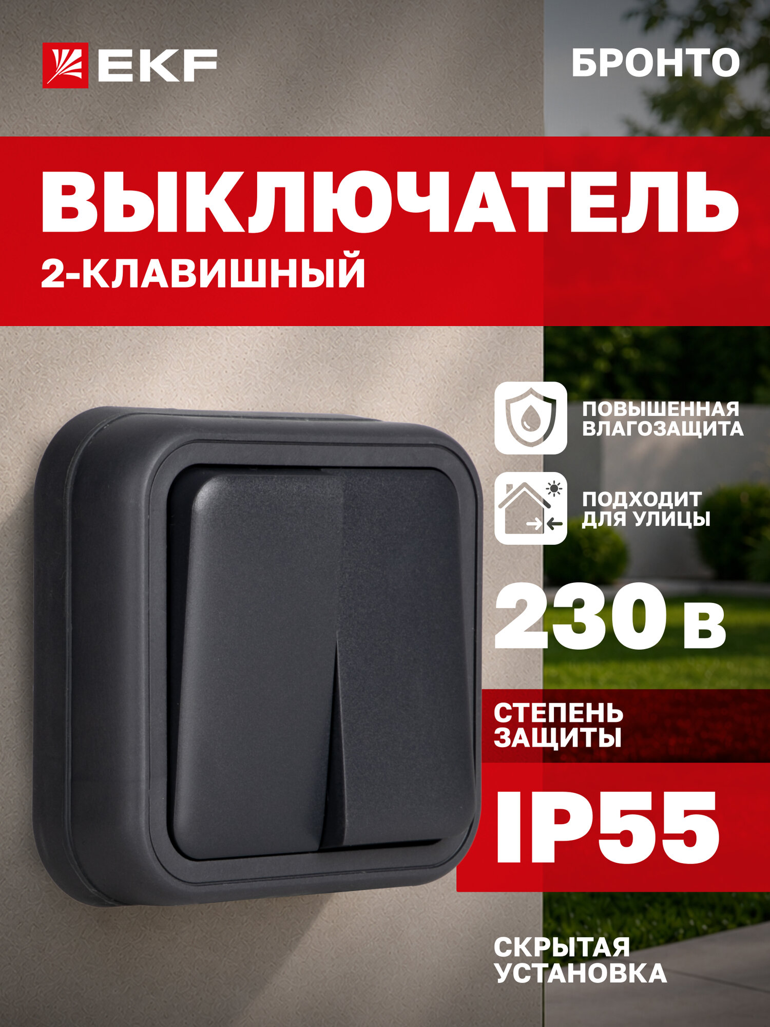 Выключатель EKF двухклавишный уличный влагозащищенный, скрытой установки, 10А, IP55, антрацит Бронто