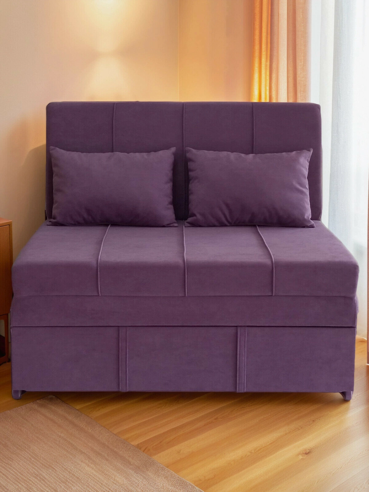 Диван-кровать с подушками StylChairs Сёма 100, без подлокотников, велюр фиолетовый