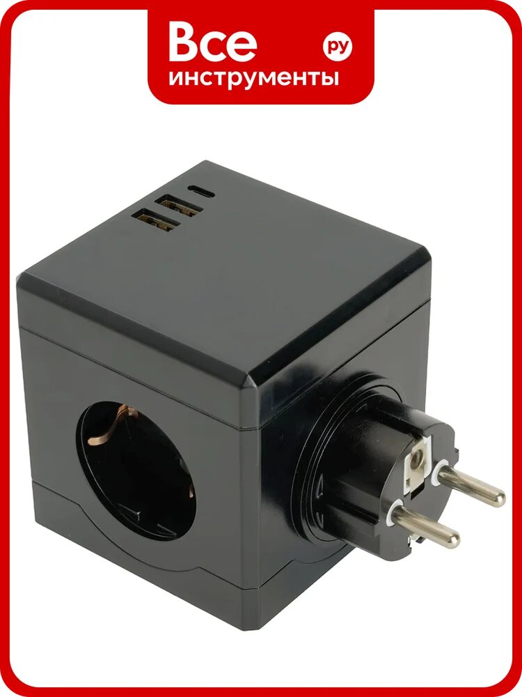 Разветвитель сетевой STEKKER 3-местный с/з ADP16-33-22, 250V, 16A, ABS пластик, черный, 49658