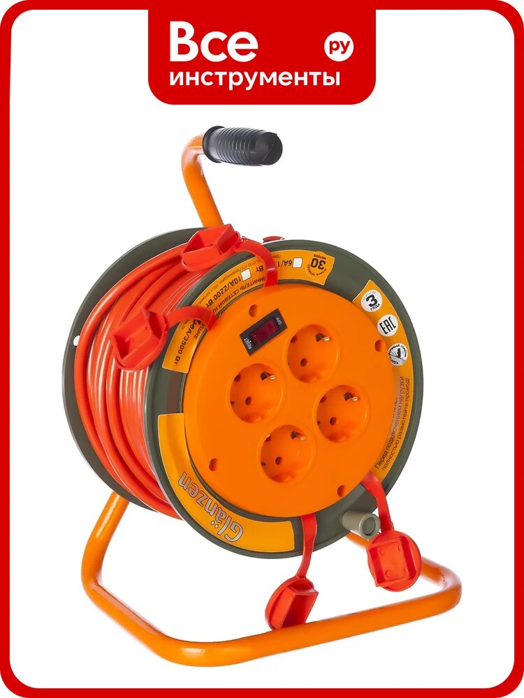 Силовой удлинитель на катушке GLANZEN 4 гн. 30 м ПВС 3x1,5 IP44 EB-30-008 00012295, пластик, для работы с электрическими