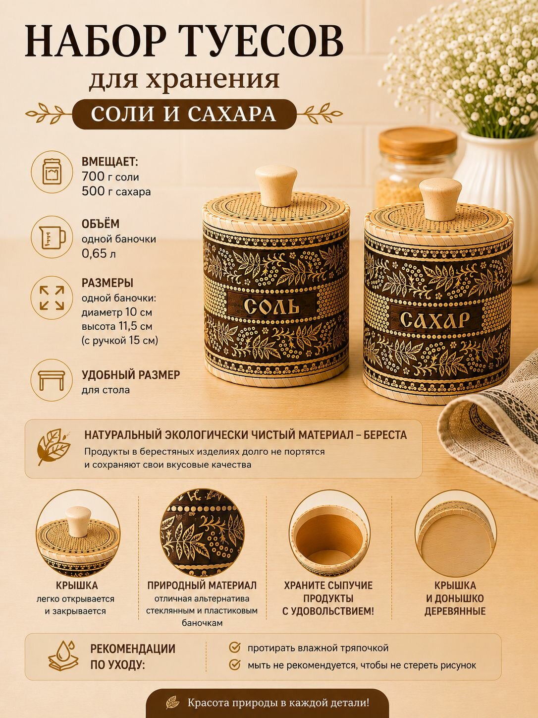 Набор баночек для соли и сахара, туеса из бересты, 2 шт