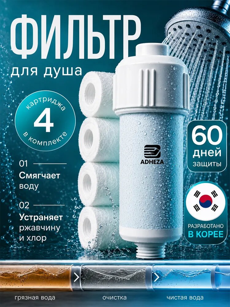 Фильтр для душа от жесткости воды и хлора, 4 сменных картриджа