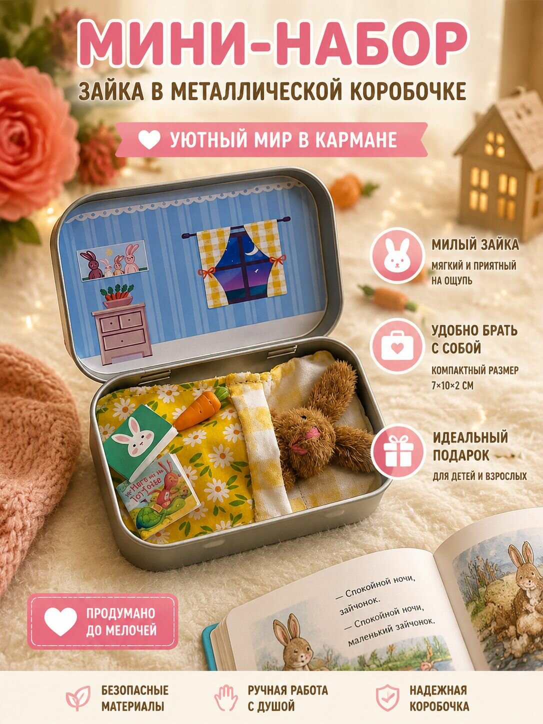 Плюшевый миниатюрный кролик из жестяной коробки