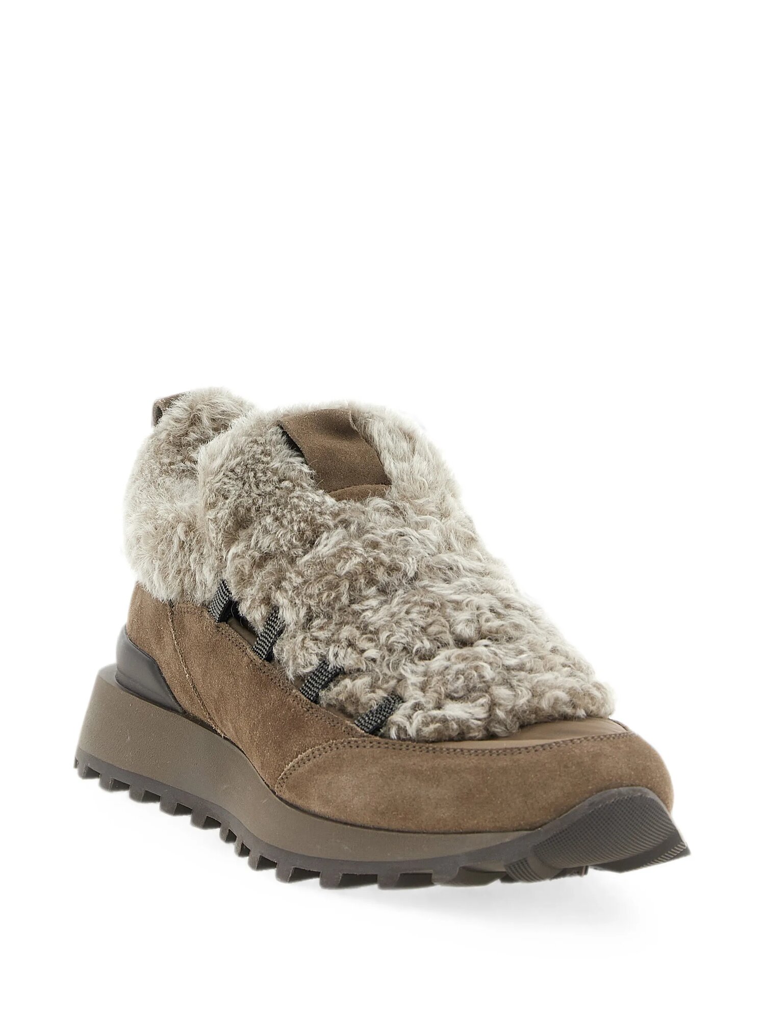 Кроссовки BRUNELLO CUCINELLI Monile shearling-insert sneakers, размер 39,5, коричневый/серый/оранжевый — фото 1