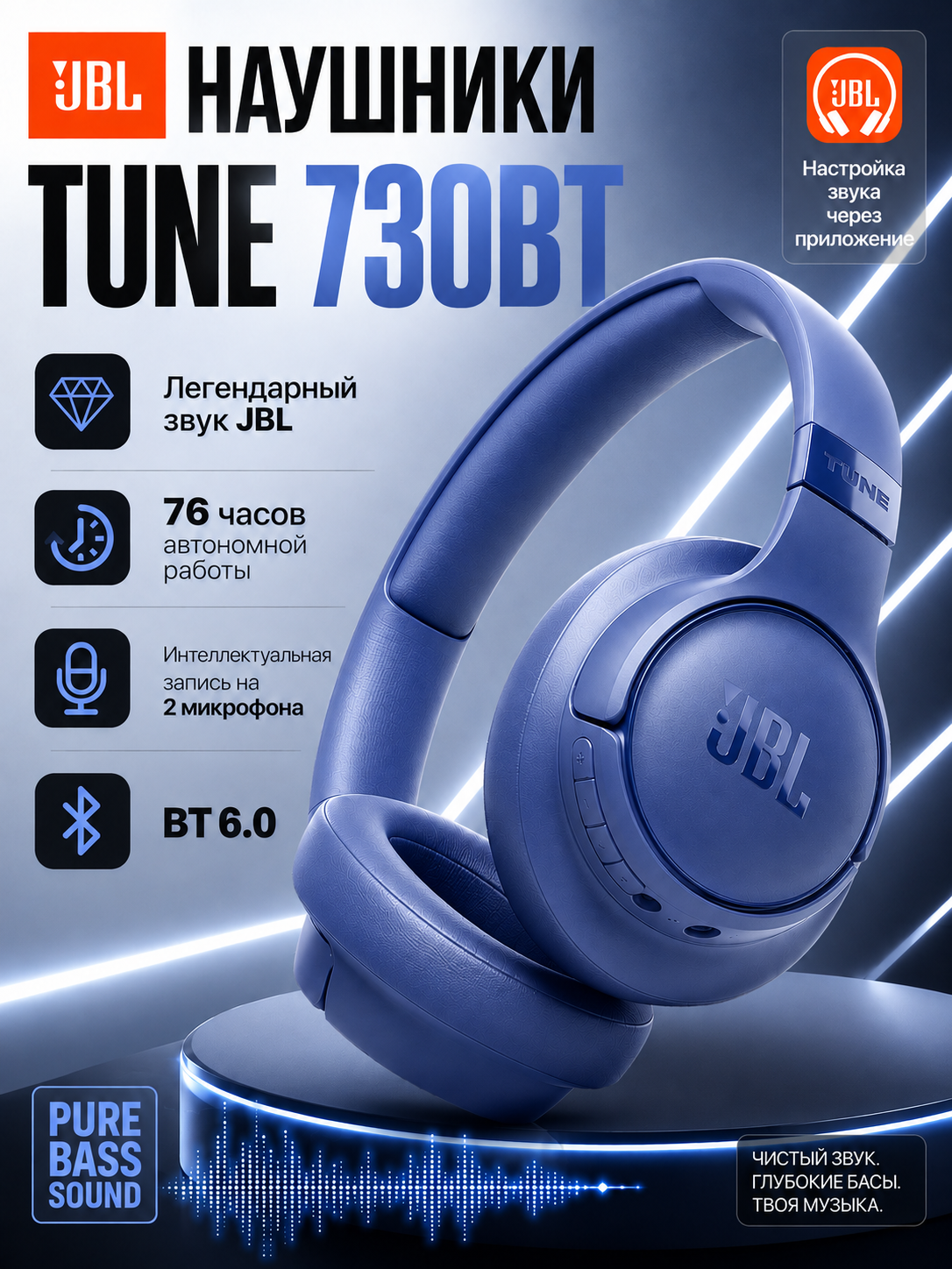 Беспроводные наушники JBL Tune 730BT, Bluetooth 6.0, USB Type-C，синий
