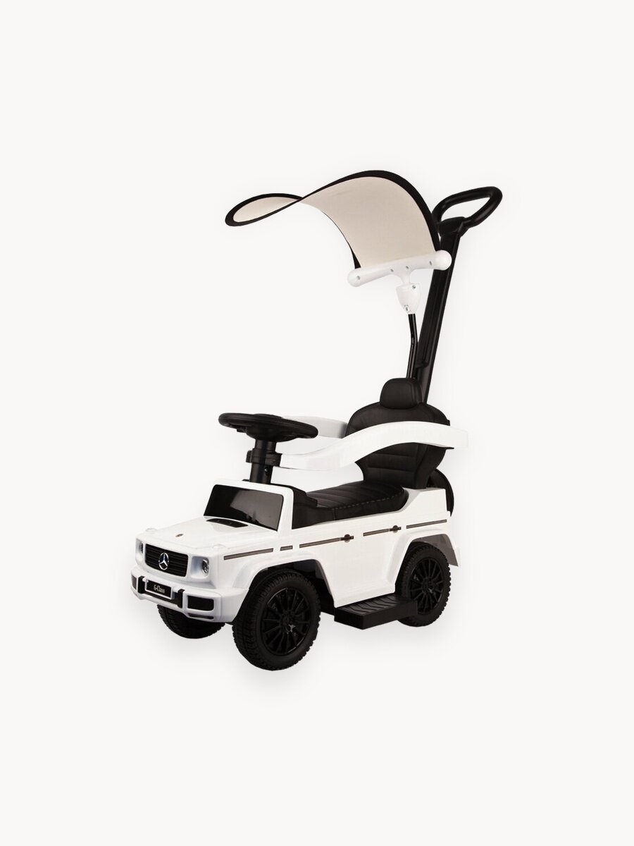 Каталка детская Mercedes Benz, кожаное сиденье, с родительской ручкой и капюшоном, звук