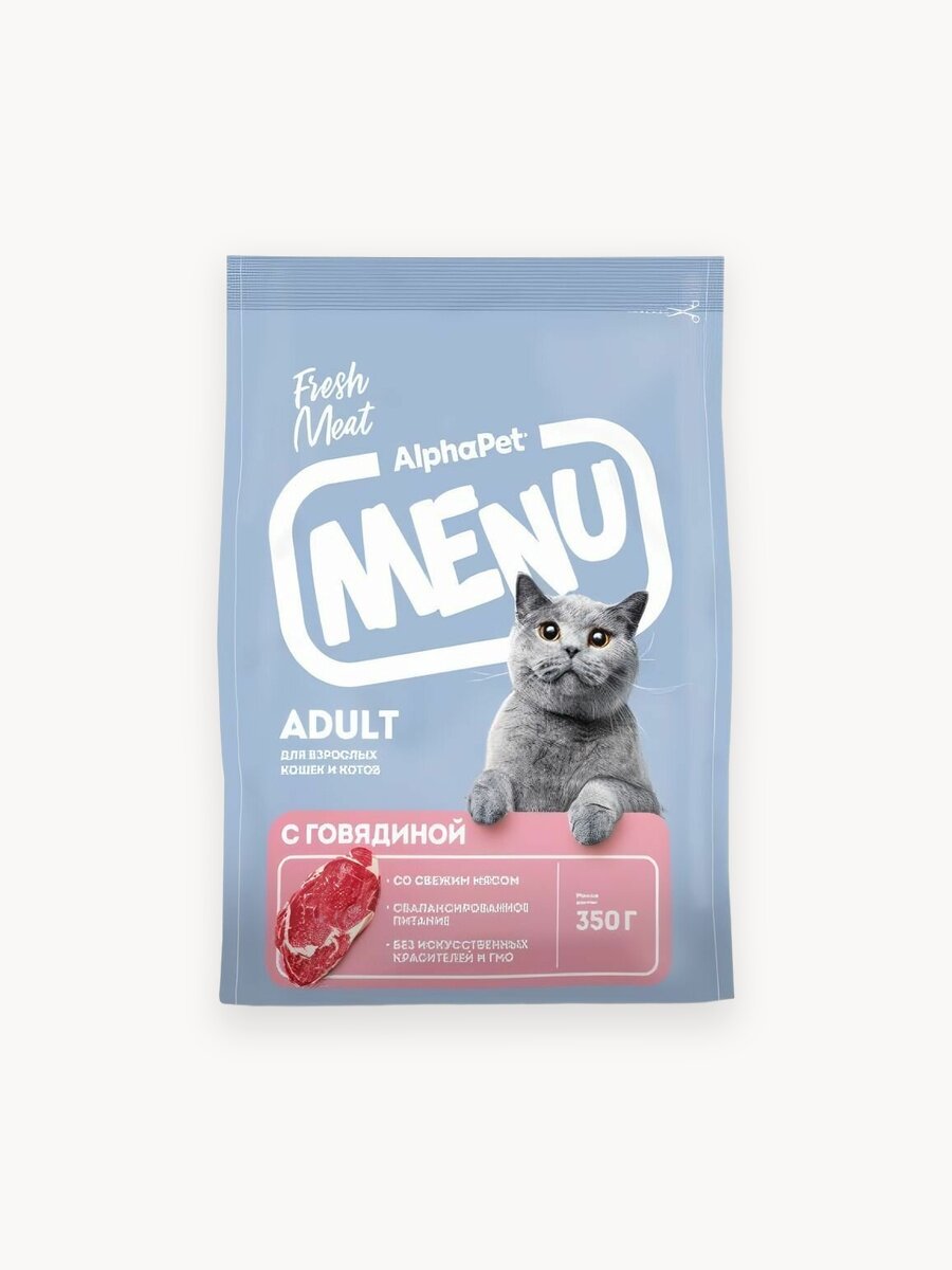 Сухой полнорационный корм с говядиной для взрослых кошек и котов AlphaPet Menu 0,35кг