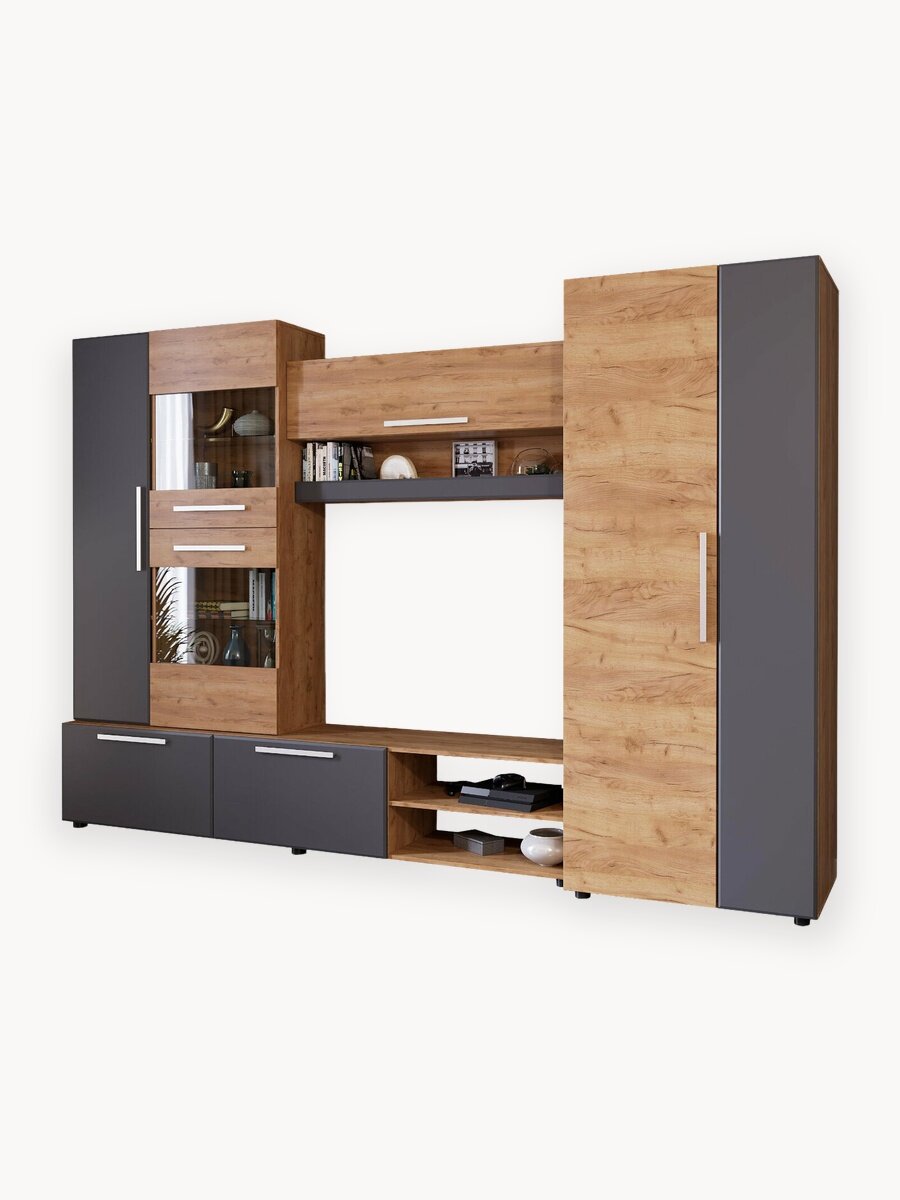 Стенка в гостиную со шкафом Нонтон Сафари, 300x51x200 см, дуб крафт золотой / матовый графит