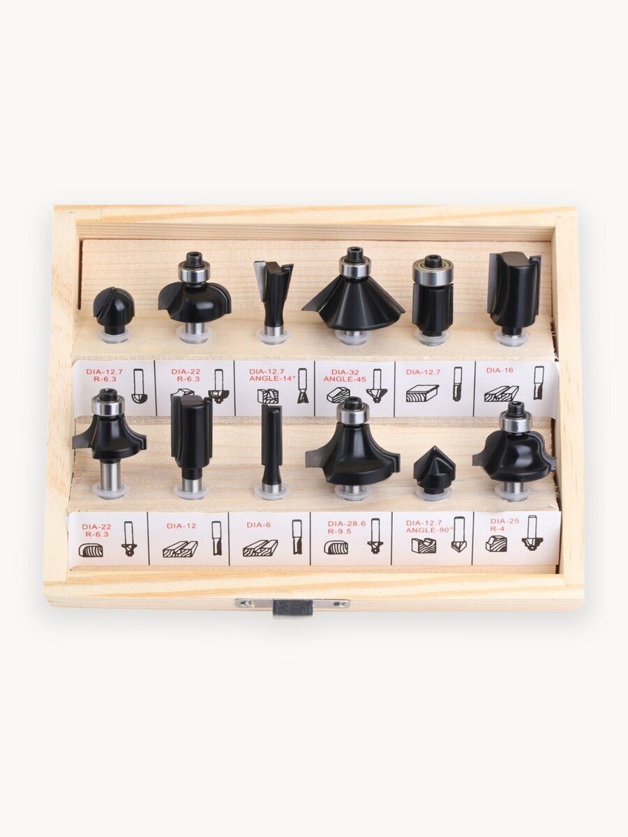 Фрезы по дереву (набор 12 шт) хвостовик 6 мм, лезвия WC