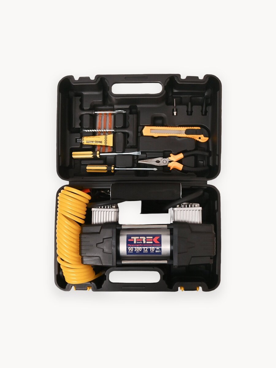 Компрессор автомобильный двухпоршневой в кейсе (+ инструмент шиномонтажный) TREK, AC801Inst