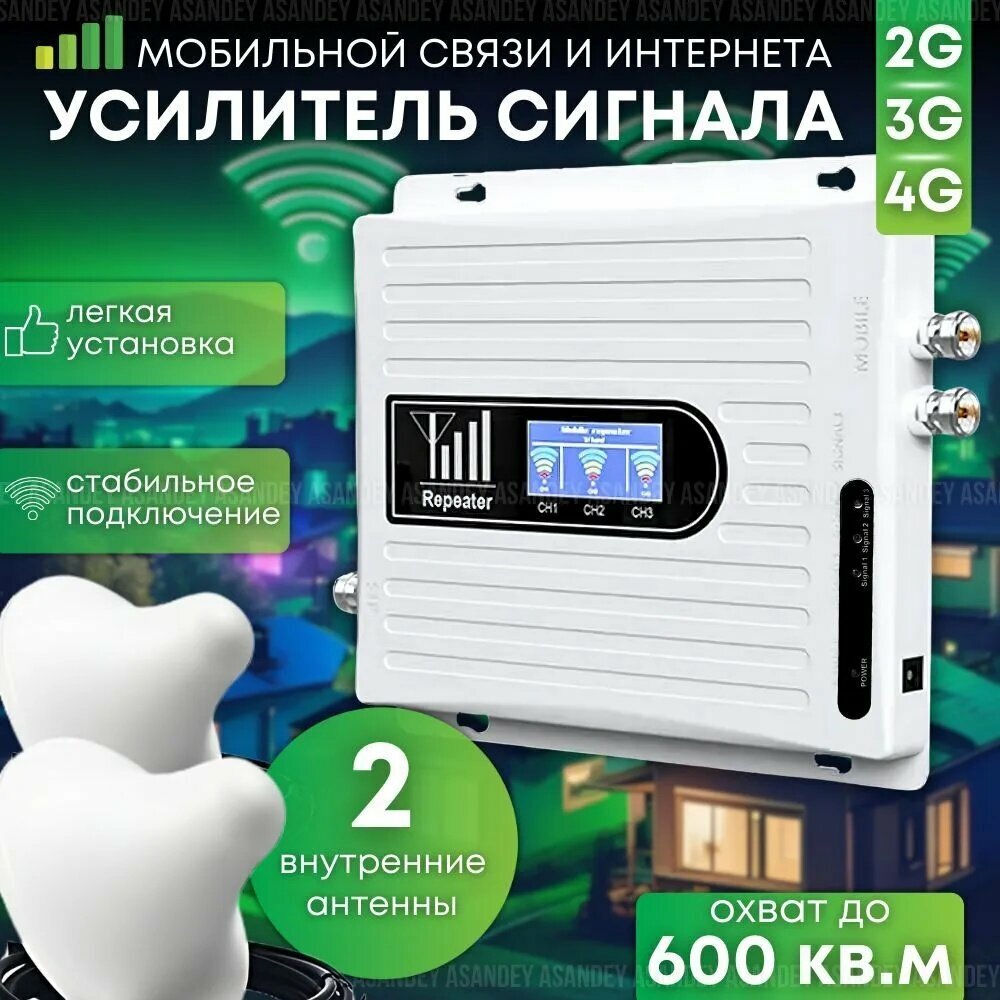 Усилитель сигнала сотовой связи и интернета. Репитер LTE, 4G, 3G, 2G; 3 антенны