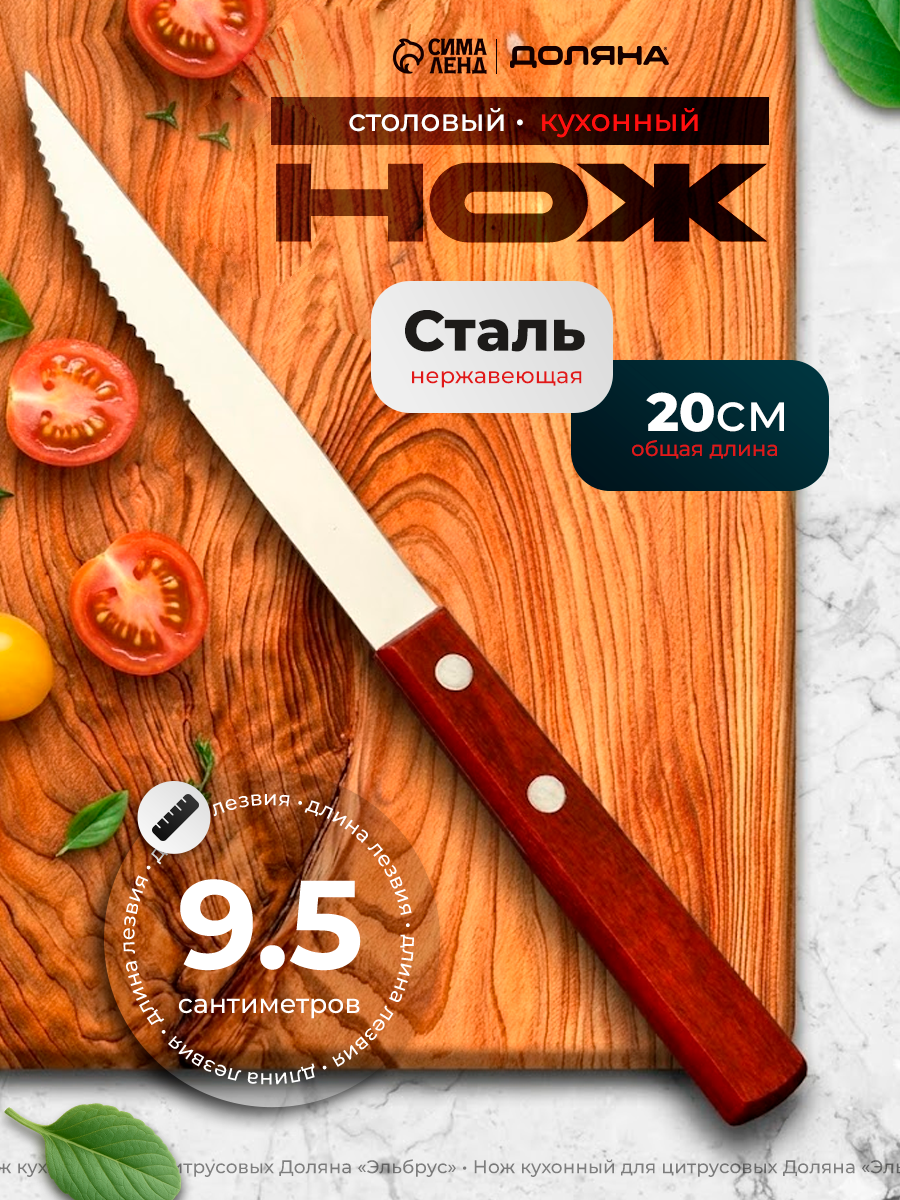 Нож столовый из нержавеющей стали «Эко-стейк», h=20 см, деревянная ручка