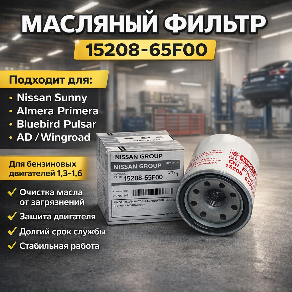 Фильтр масляный Nissan 15208-65F00 подходит: Sunny Almera Primera Bluebird Pulsar AD Wingroad