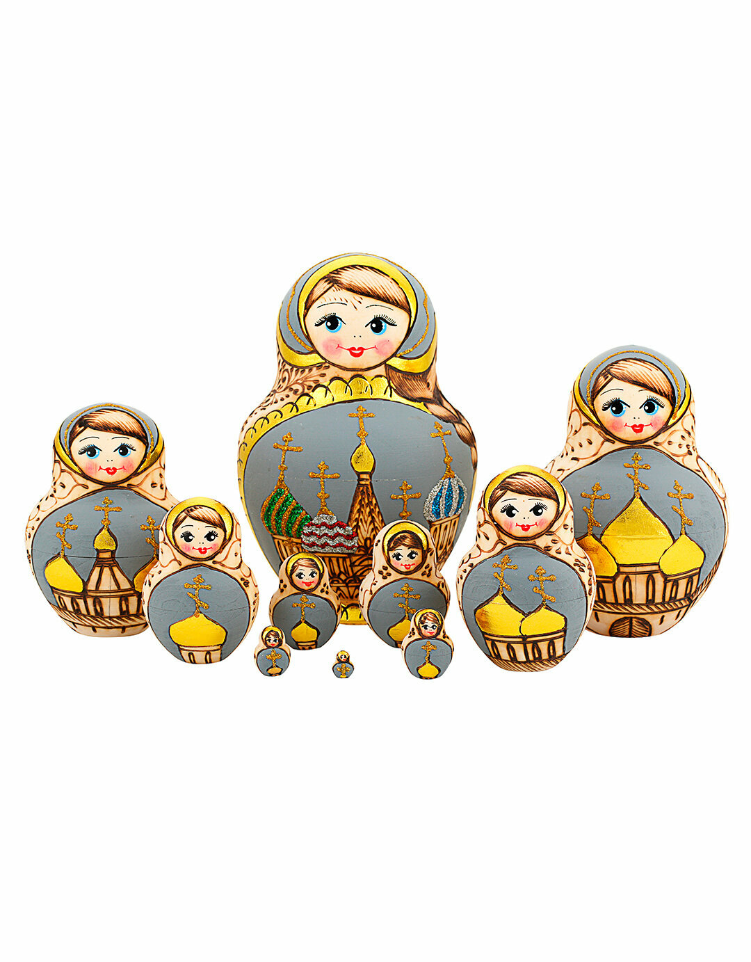 Матрешка " Храмы Москвы ", фигурная, серая , 10 мест, 16 см.
