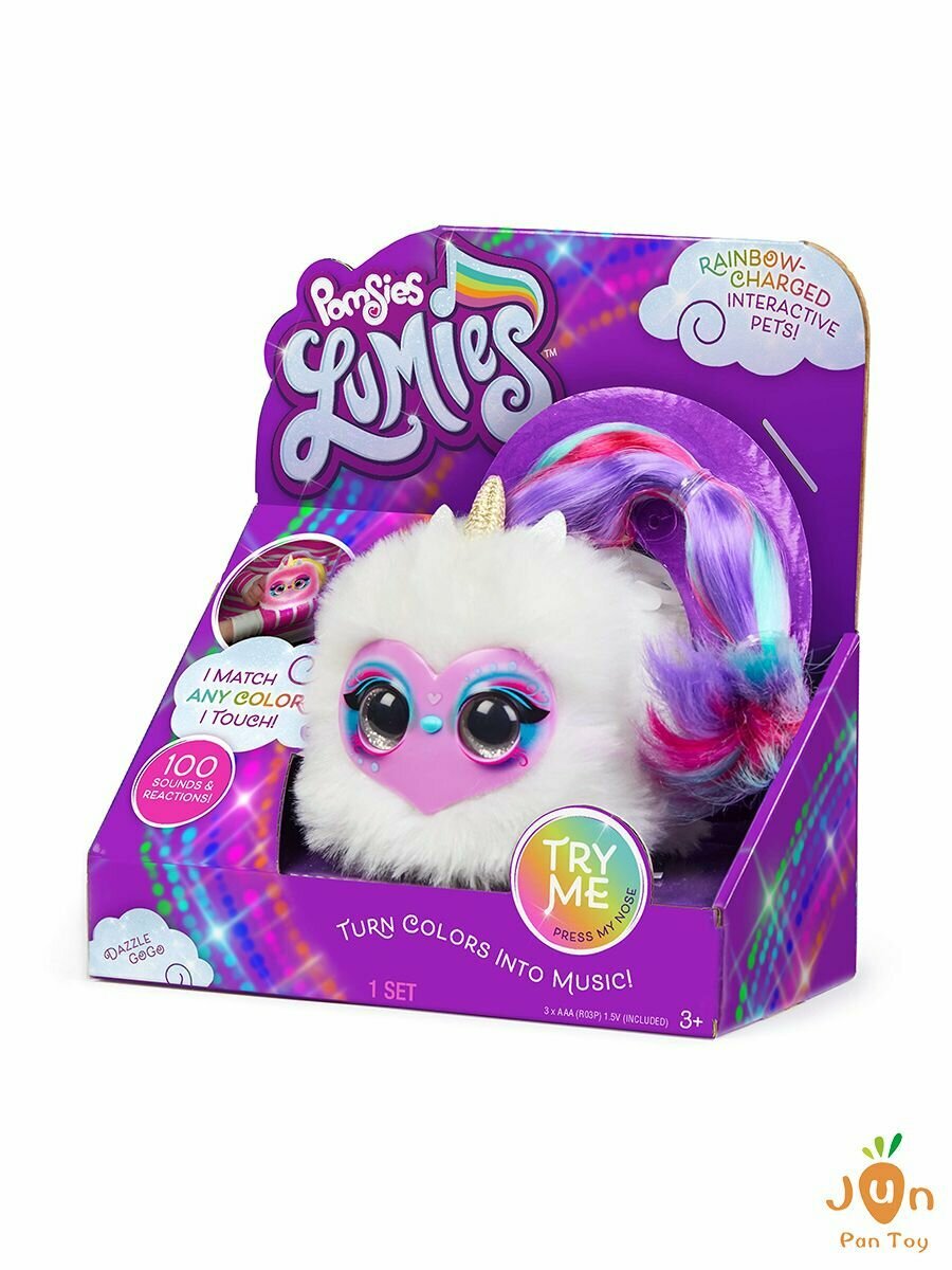 Pomsies Lumies Dazzle GoGo / Интерактивная плюшевая игрушка Единорог с фиолетовой мордочкой в форме сердца, со 100 звуками. Для детей от 3 лет.