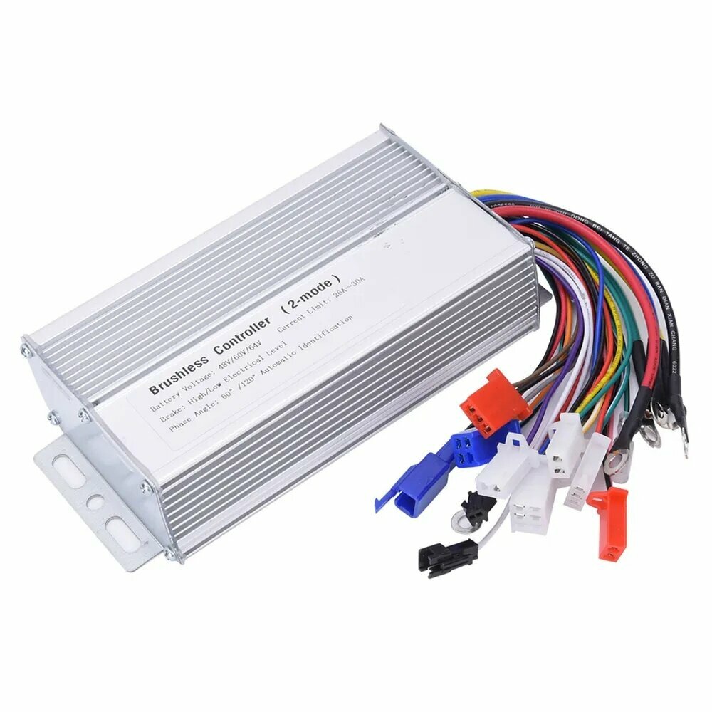 Контроллер двигателя для электросамоката и электробайка 48V 60V 64V 1000W-1500W без щеток 12-трубный двухрежимный квадратный сигнал с лидерами красным и черным цветом, вес 460 г, размер 17.7x8.4x4.1