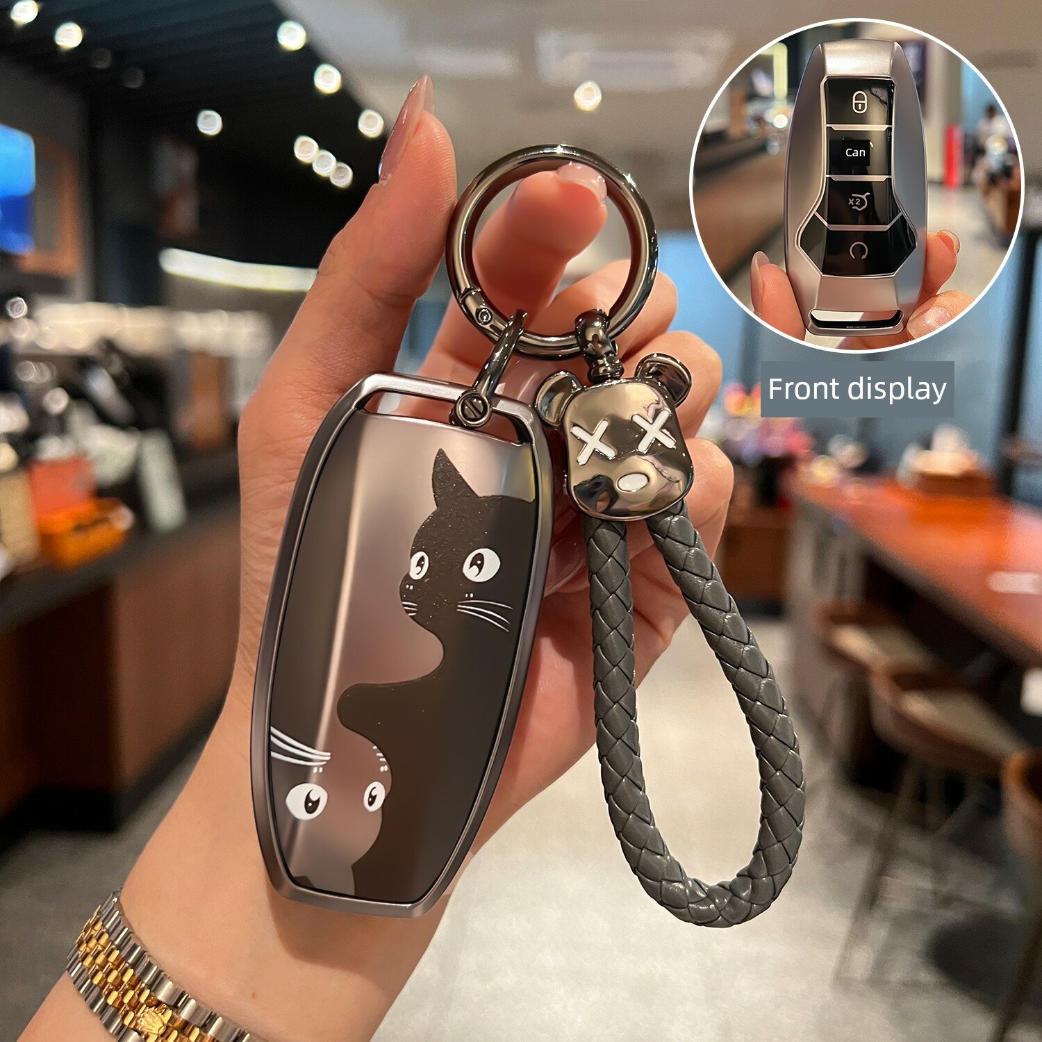 Держатель ключей с дизайном смещенной кошки и серым бараньим шнуром