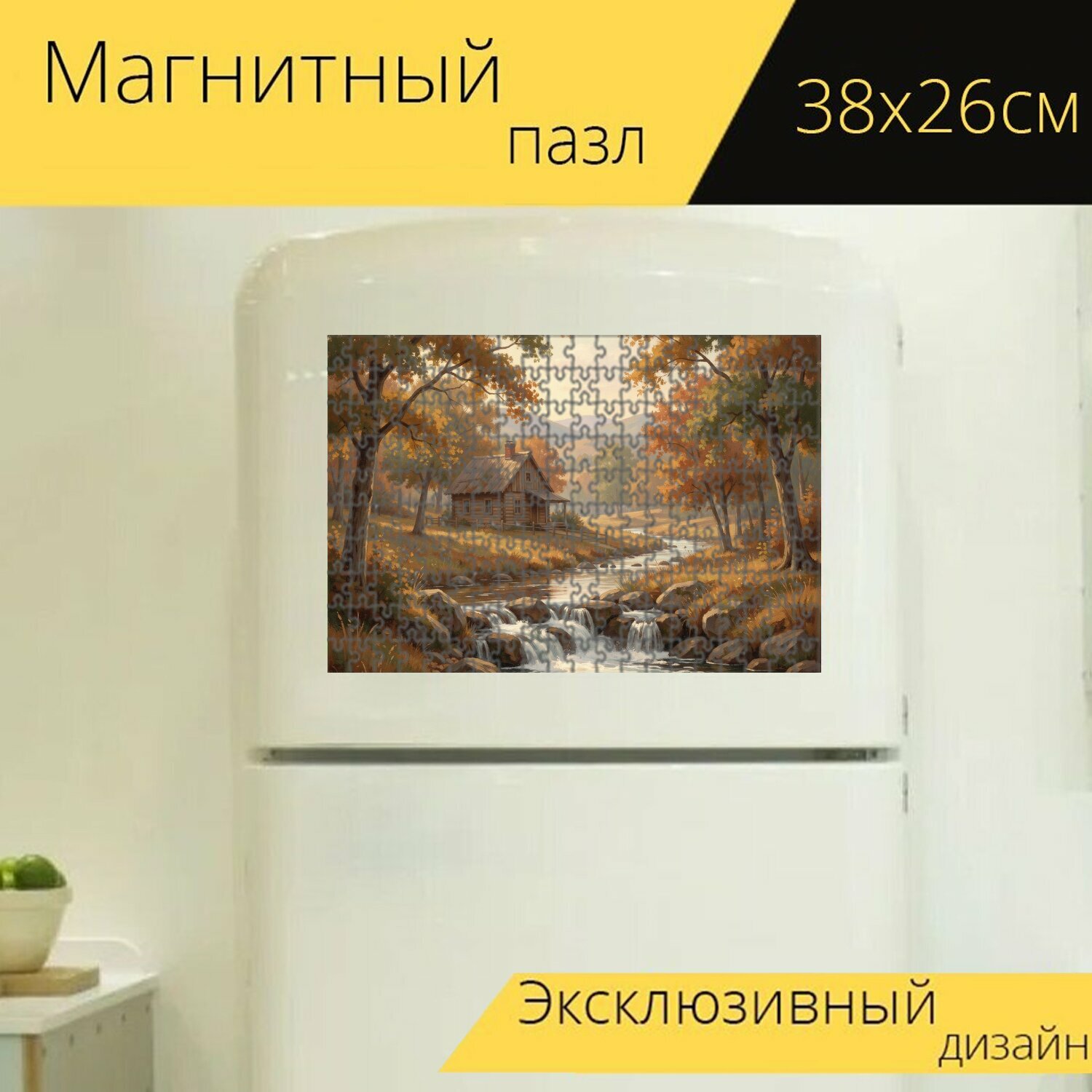Магнитный пазл "Осенний дом у ручья. Живописный сельский пейзаж в теплых золотисто-оранжевых тонах: деревянная избушка среди деревьев, извилистая вода." для интерьера, 38х26 см.