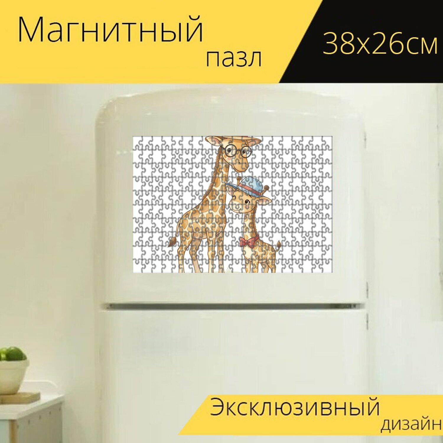 Магнитный пазл "Два жирафа в очках и шляпах. Милые мультяшные африканские животные в светлой пастельной гамме: высокий и маленький, в шляпках и очках, с." для интерьера, 38х26 см.