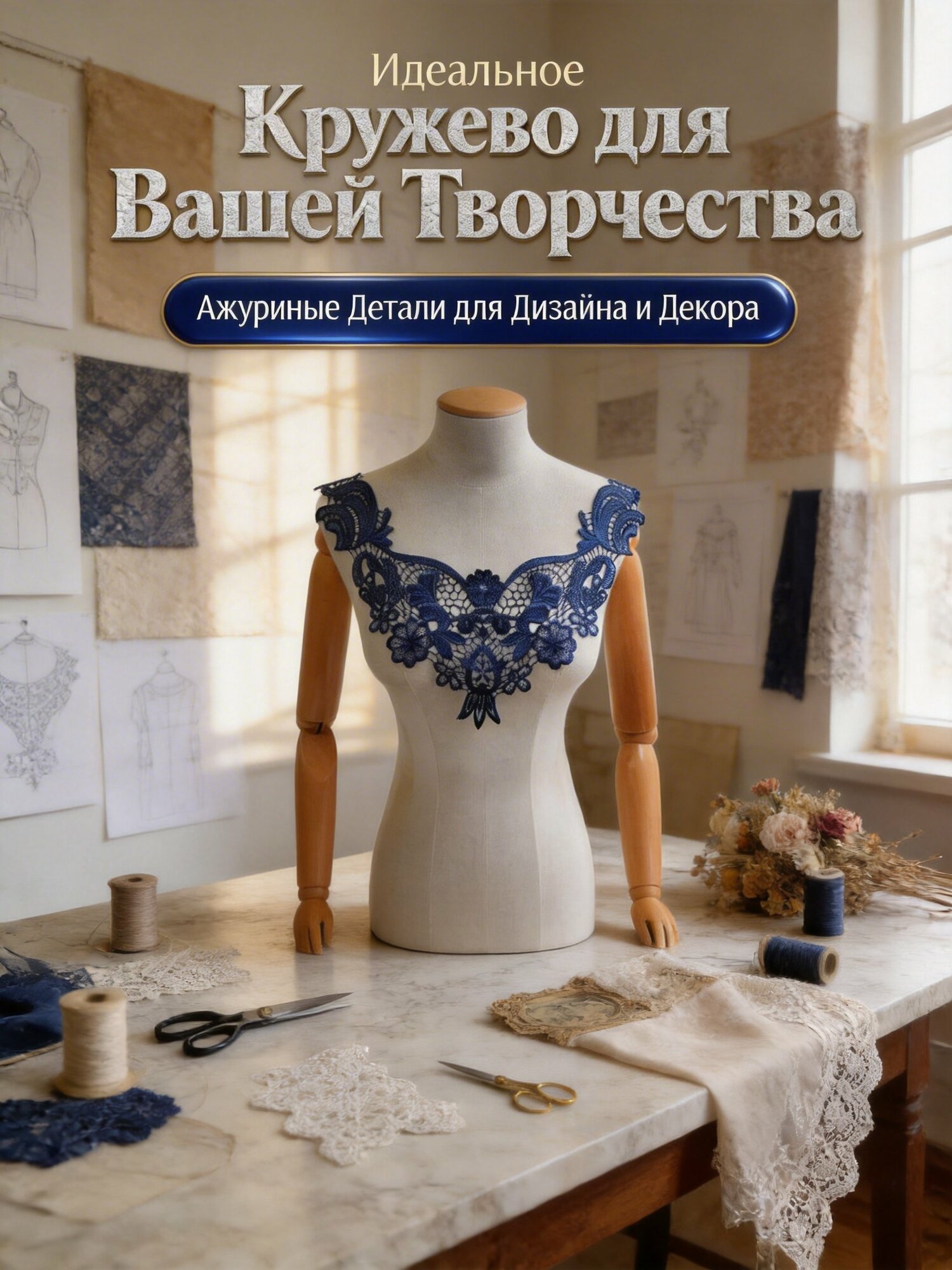 Воротник и манжеты из водорастворимого кружева, полиэстер имитация хлопка, ажурный цветочный узор, длина 36 ширина 29 для декора одежды и DIY