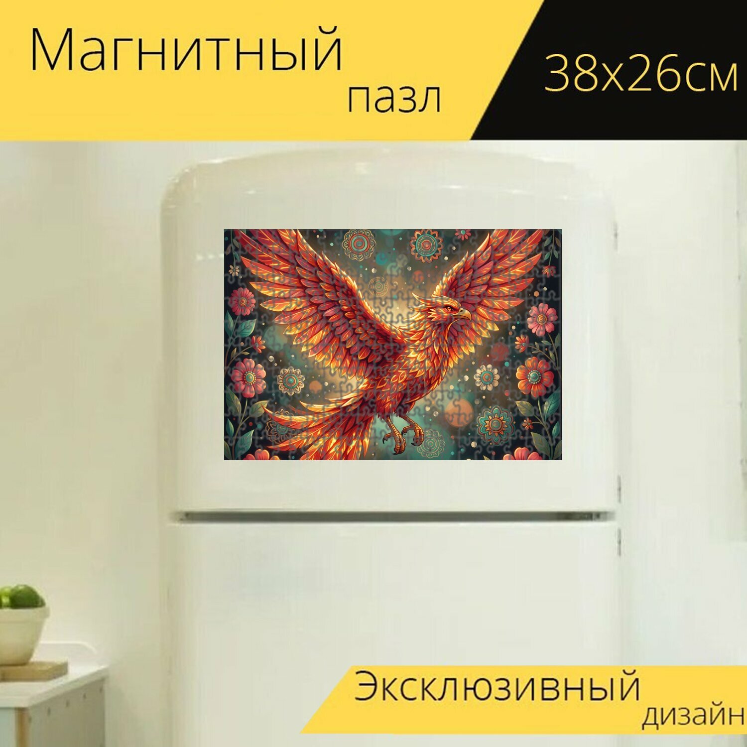 Магнитный пазл "Огненный феникс среди цветов. Сияющая мифическая птица с расправленными крыльями в декоративном орнаменте из ярких бутонов и листьев." для интерьера, 38х26 см.