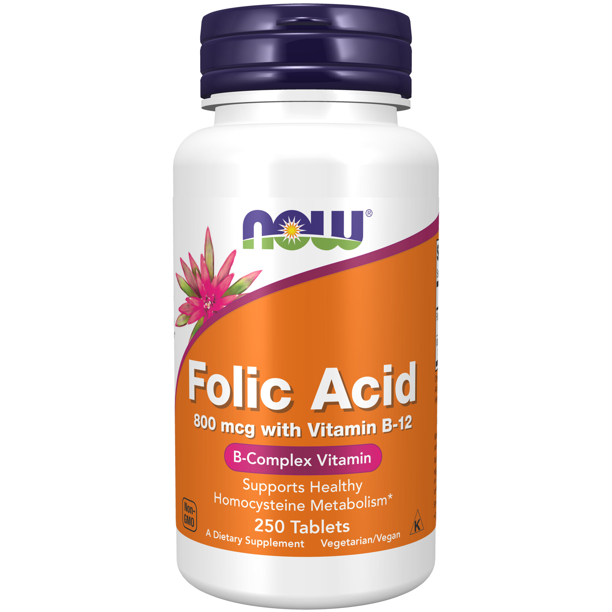 NOW Folic Acid, Фолиевая кислота + Витамин В12, 800 мг, 250 таблеток, Витамины для сердца и сосудов, для нервной системы