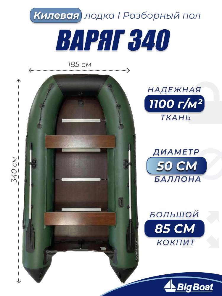 Надувная, под мотор, килевая лодка из ПВХ для рыбалки Varyag (Варяг) 340К пол-книжка
