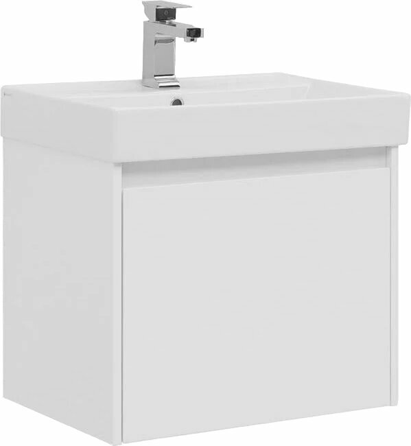 Тумба с раковиной Aquanet Nova Lite 60 подвесная, 60, 5 см, белая, глянцевая, из ЛДСП, с ящиками, раковина для ванной, фаянсовая, прямоугольная, встроенный слив-перелив