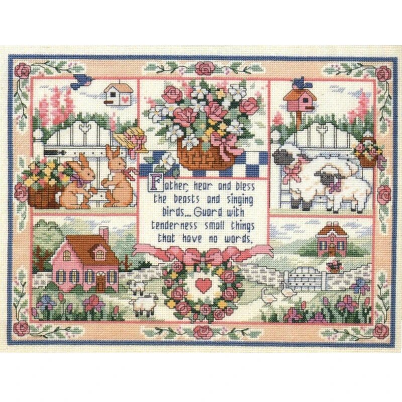 Набор для вышивки крестом Amishop, 16CT unprint canvas, Дом с животными и цветами