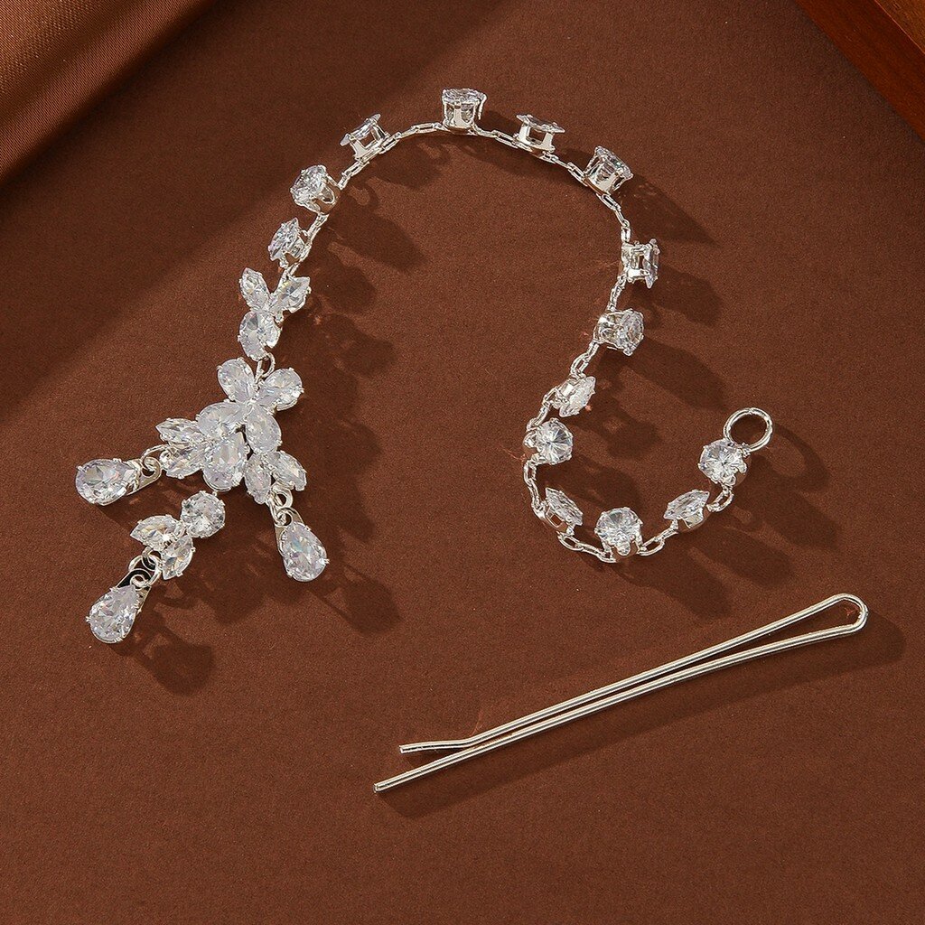 Украшение для волос невесты с цепочкой из кристальных водяных капель для свадебной церемонии и особых мероприятий серебро