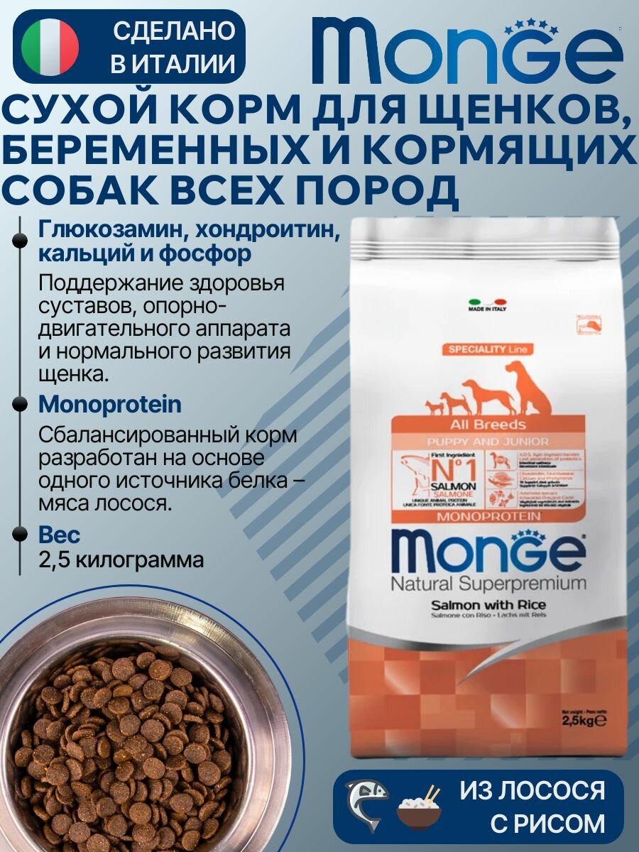 Monge Dog Speciality Line Monoprotein Puppy&Junior Сухой корм для щенков всех пород, лосось с рисом, 2.5 кг