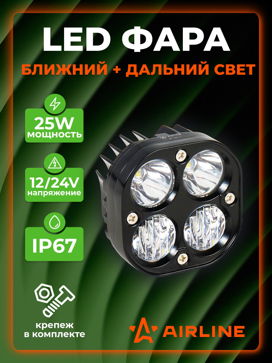 Фара светодиодная квадратная, 4LED, комбинированный свет (дальний + ближний), 40Вт, 78х78х50мм, 12/24В, PLUS МП-серия ALED194 AIRLINE