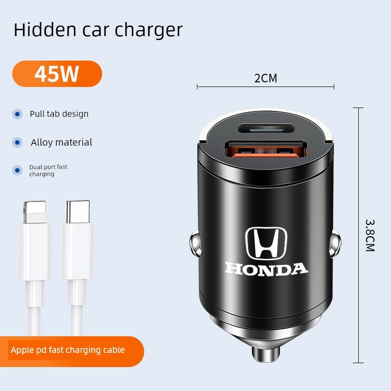 Автомобильный адаптер Honda 45W быстрой зарядки с кабелем Apple Lightning для iPhone 5-14, стандартная скорость зарядки