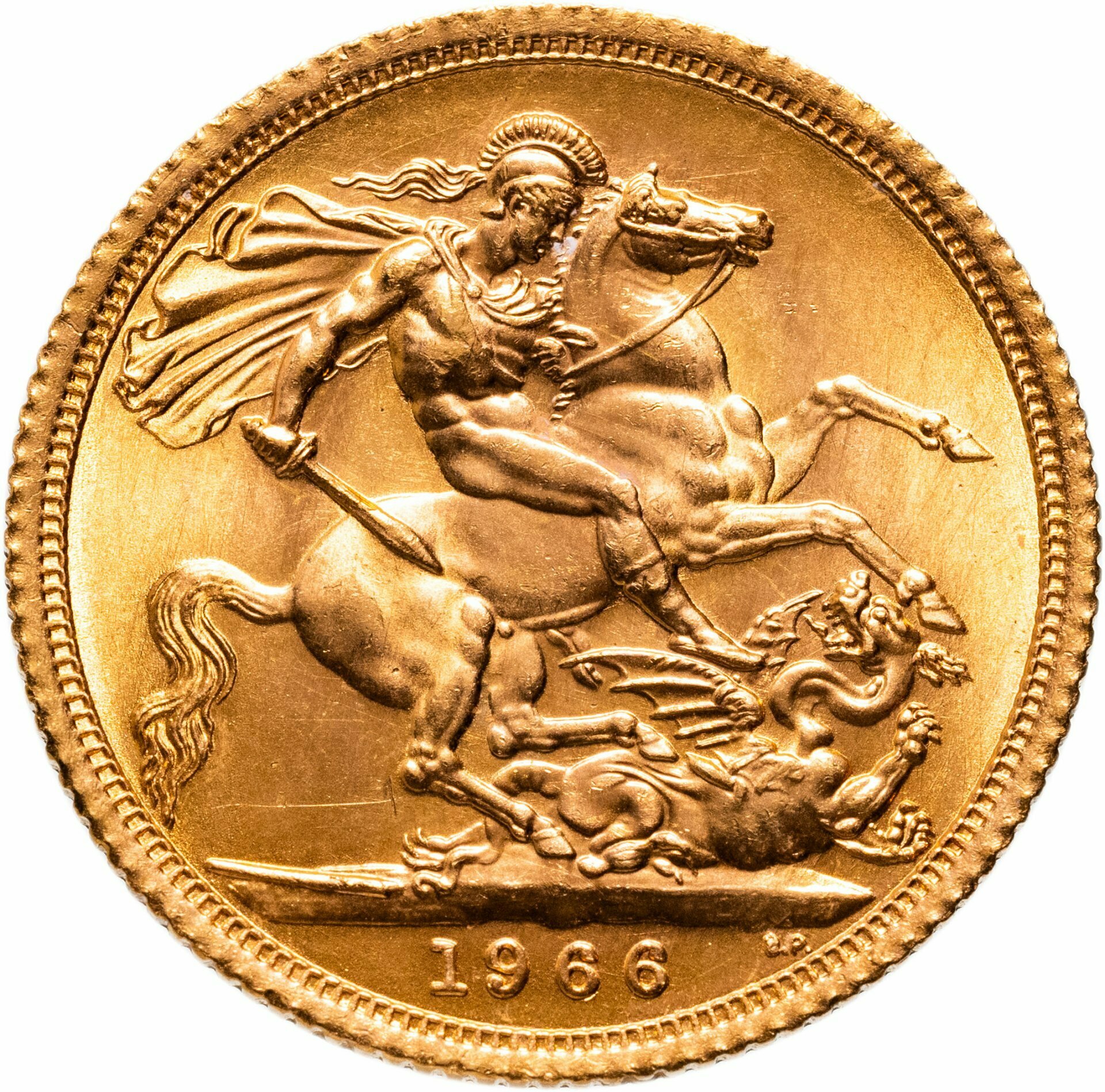 Великобритания 1 соверен sovereign 1966 UNC с портретом королевы Елизаветы - святой Георгий с драконом, Золото 917