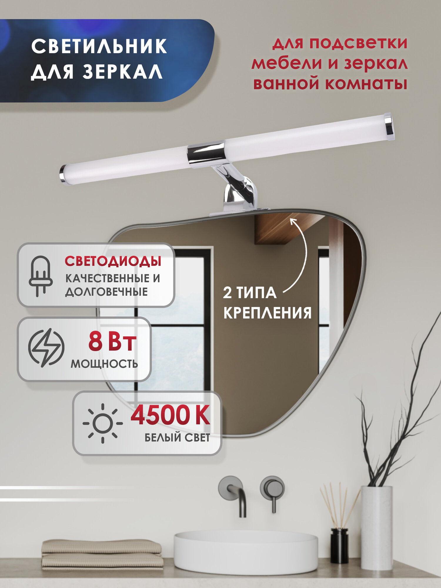 Светодиодный светильник, UNIEL ULT-F37-8W/4500K IP44 CHROME, для подсветки картин и зеркал ванной комнаты