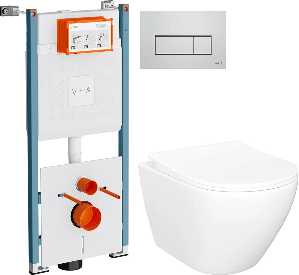 Комплект 6 в 1: Инсталляция VitrA V-Fix Core 732-5800-01PV / Унитаз подвесной Кронборг S28401WH безободковый / Сиденье с микролифтом, Кнопка Root Square хром, Комплект шумоизоляции, креплений