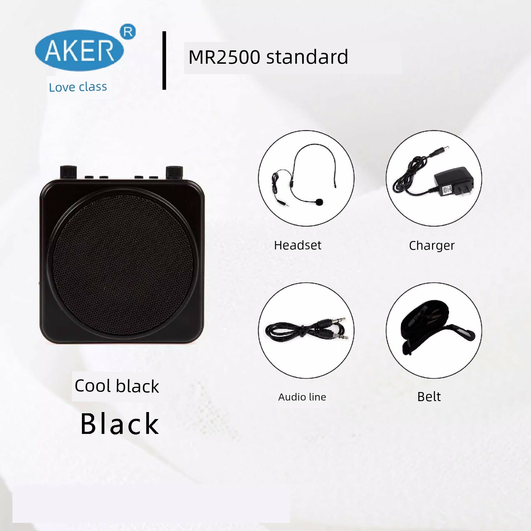 AKER MR2500 Портативный проводной усилитель голоса в черном цвете с функцией записи, радио и воспроизведения карты для
