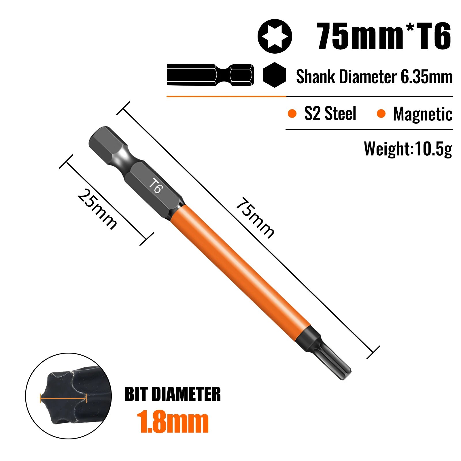 Насадка Torx T6 75 мм, S2 сталь, магнитная