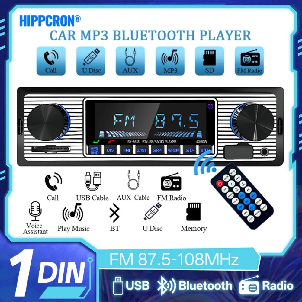 Автомобильная Стереосистема Hippcron 1 DIN, FM-радио, Bluetooth, MP3-плеер, Мощность 60Wx4