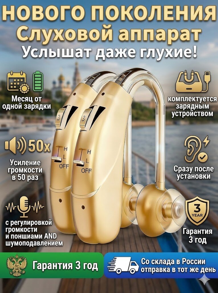 Накладной слуховой прибор с зарядным устройством для пожилых и взрослых