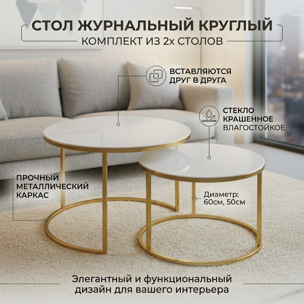 Журнальный стол дуо, круглый, со стеклом, ЛДСП, металл, белый/золотой