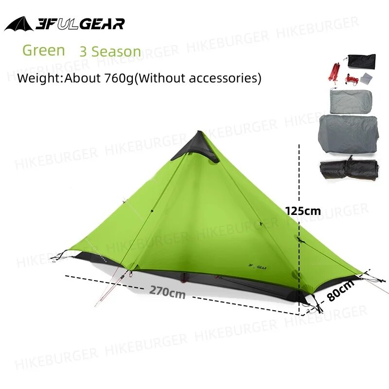 3F UL Gear Lanshan Палатка для отдыха на открытом воздухе 1P 15D SilNylon ультralегкая (760г) водонепроницаемая безстолбчатая для трекинга и походов — 3 сезона зеленый 2026