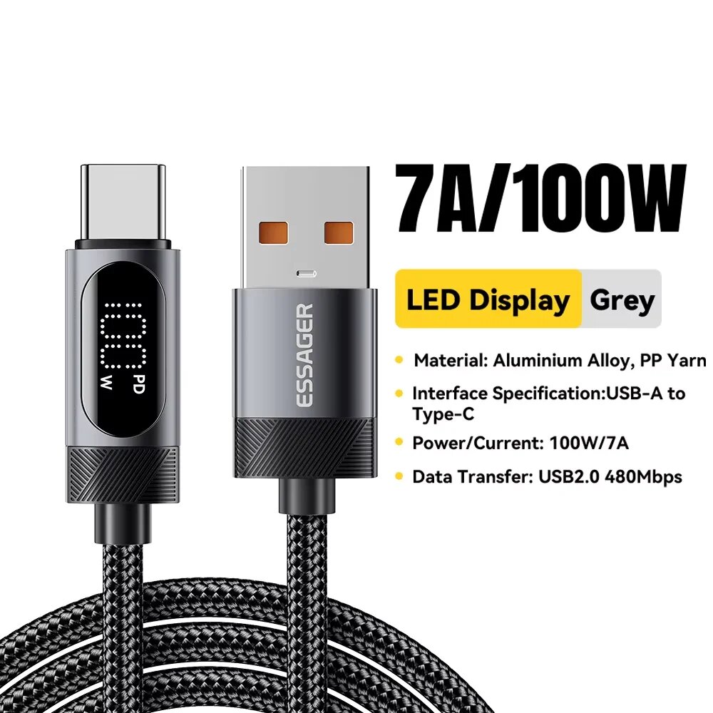 Кабель Essager USB-A to Type-C 100W 7A, 1м, серый, LED дисплей