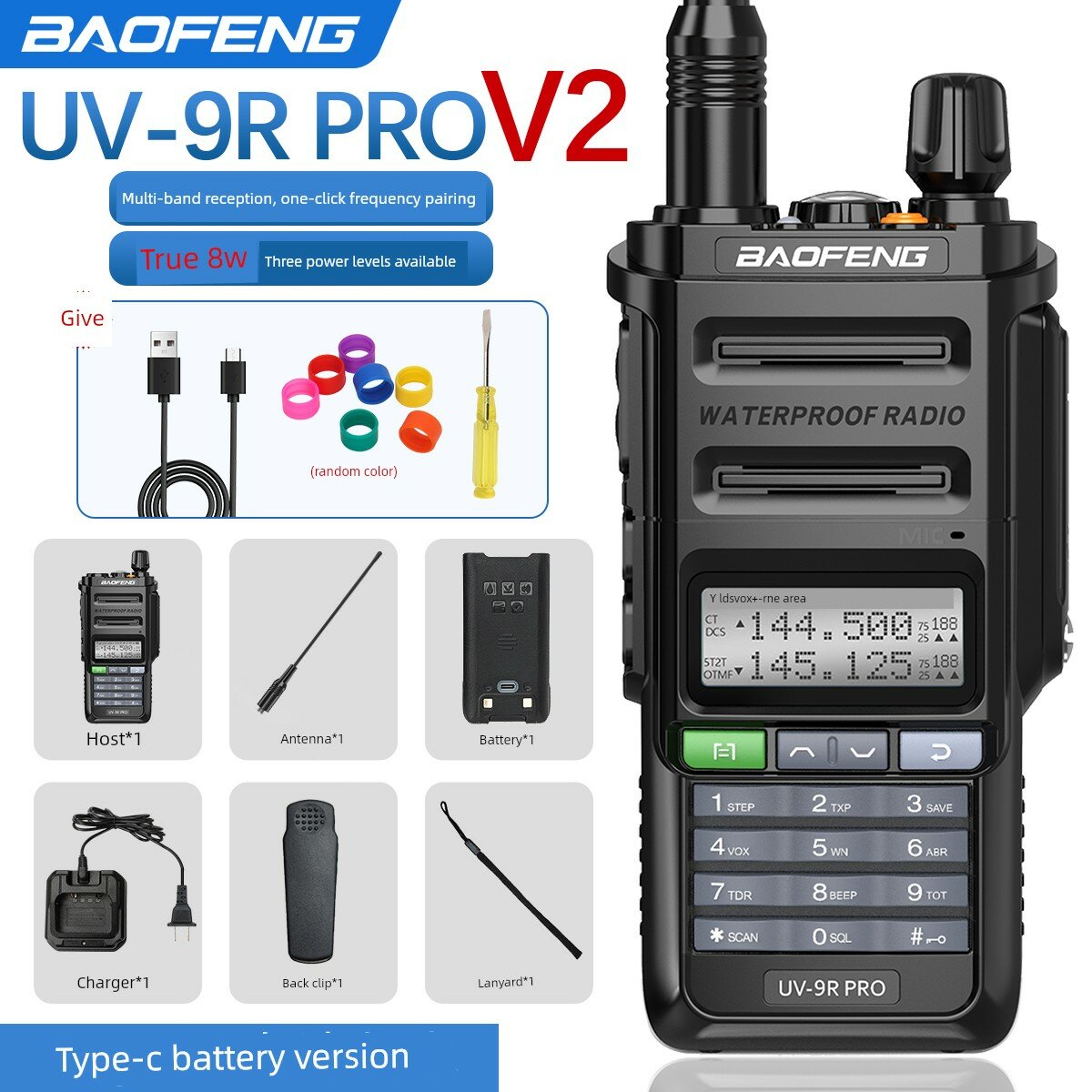 Черная водонепроницаемая радиостанция Bao Feng UV-9RPRO VHF для активного отдыха и автомобилей