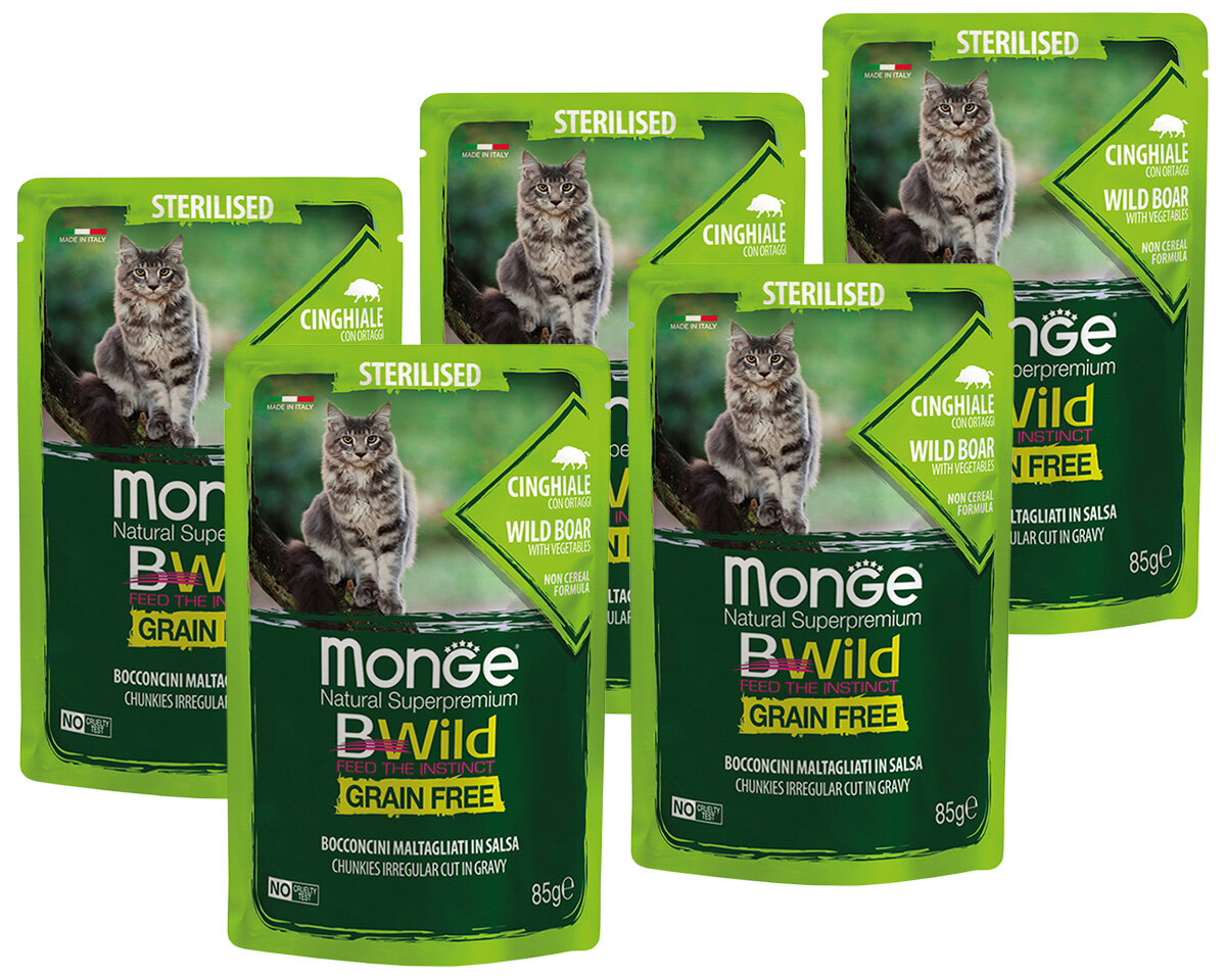 Корм влажный Monge Bwild Grain Free Cat Sterilised беззерновые взрослых кастрированных котов и стерилизованных кошек с мясом дикого кабана и овощами в соусе пауч, 85 г 5 шт