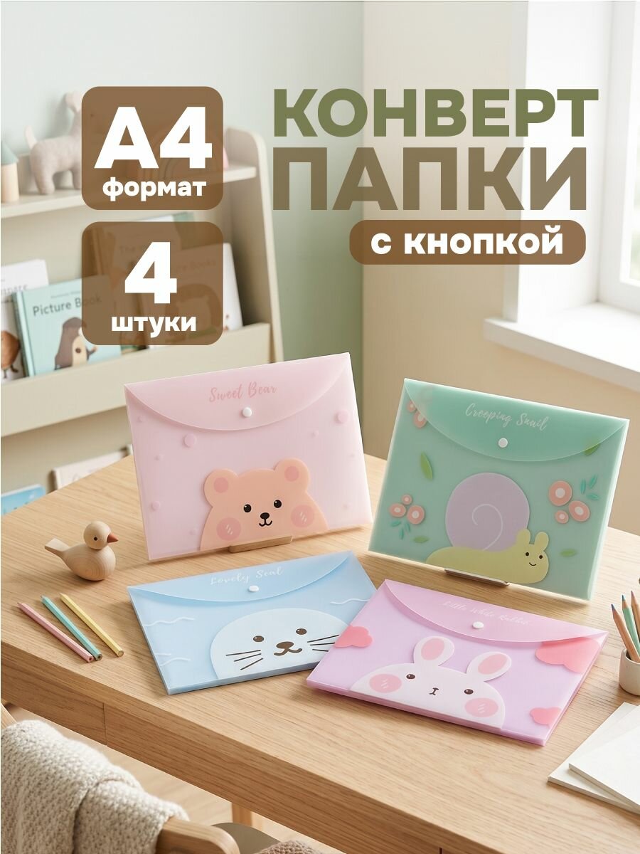 Папка-конверт на кнопке для документов и бумаг А4, набор 4 штук