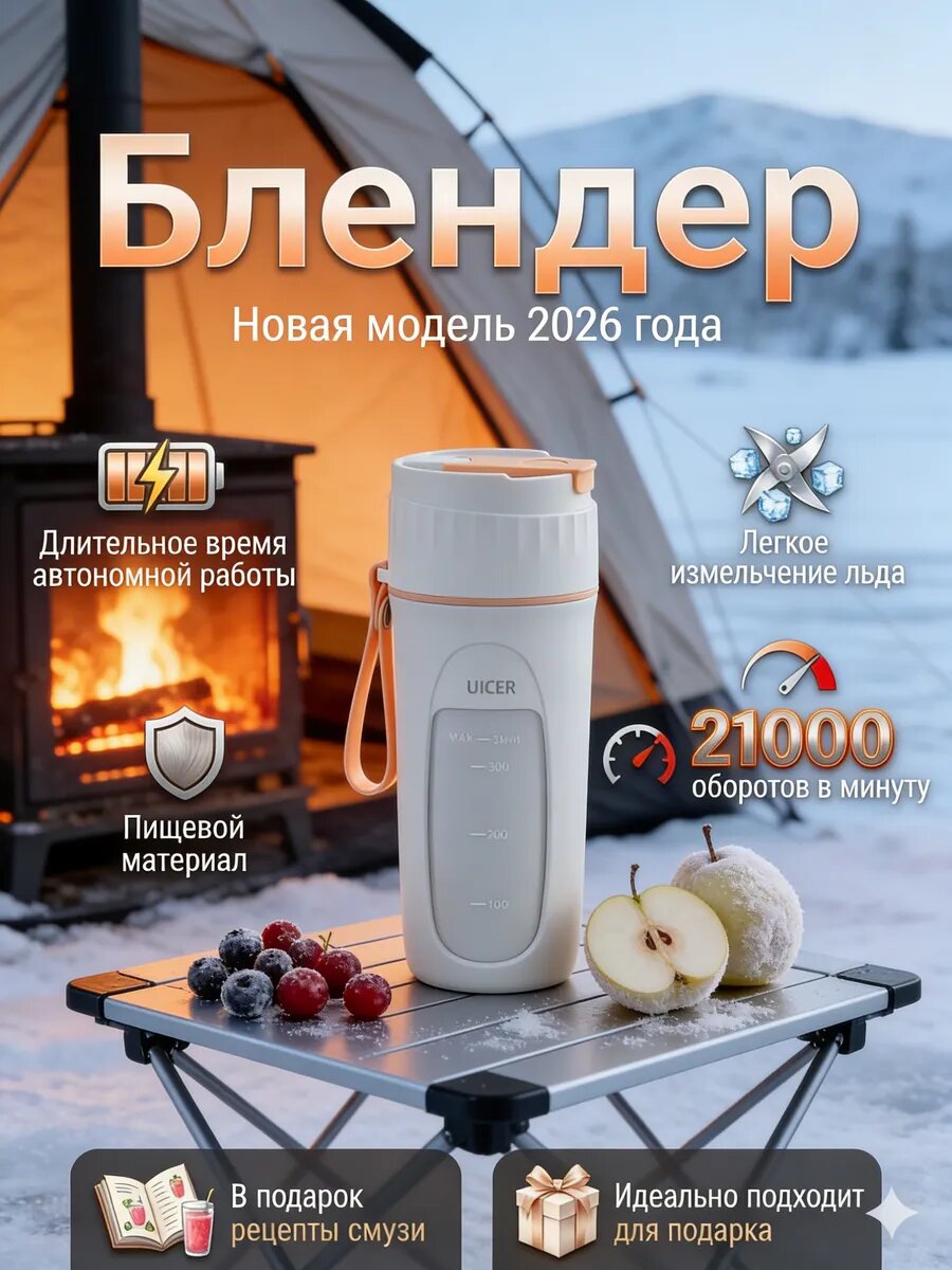Портативный блендер беспроводной для смузи и коктейлей, 3 скорости с дисплеем, белый